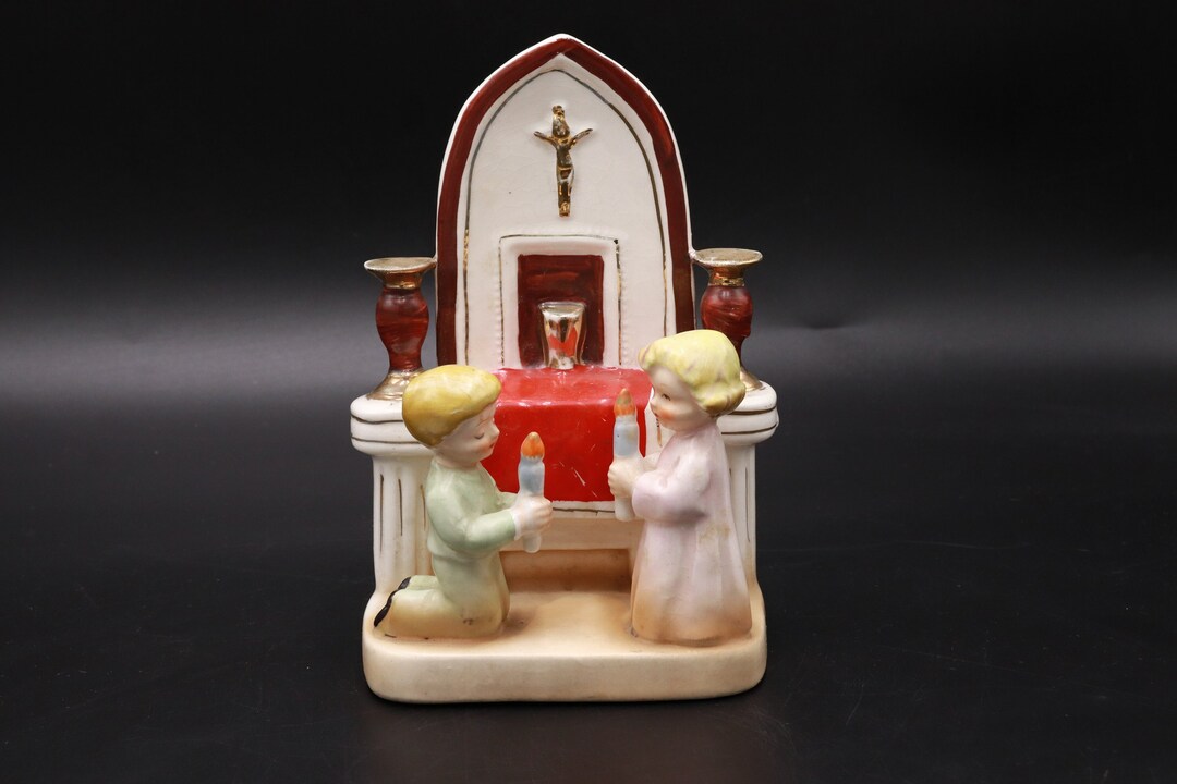 Vintage Ceramic Alter Figurine Kneeling Children With Candles Crucifix ...