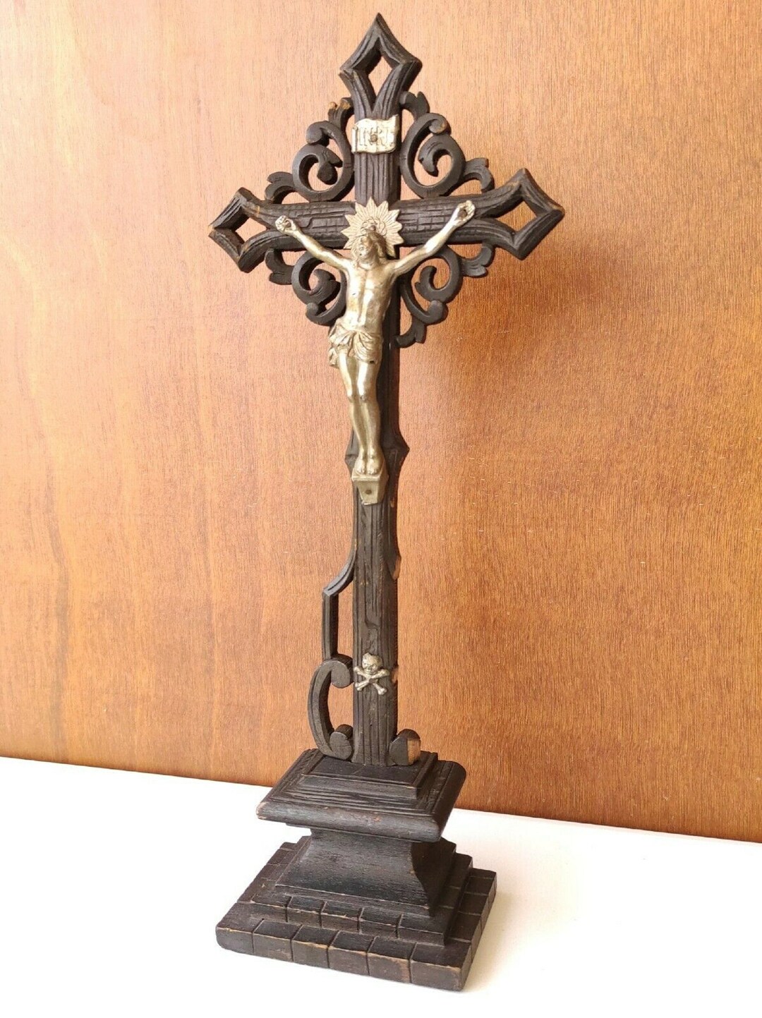 Antique Altar Cross Standing Wood Crucifix Metal Holy Land Church 1800 ...