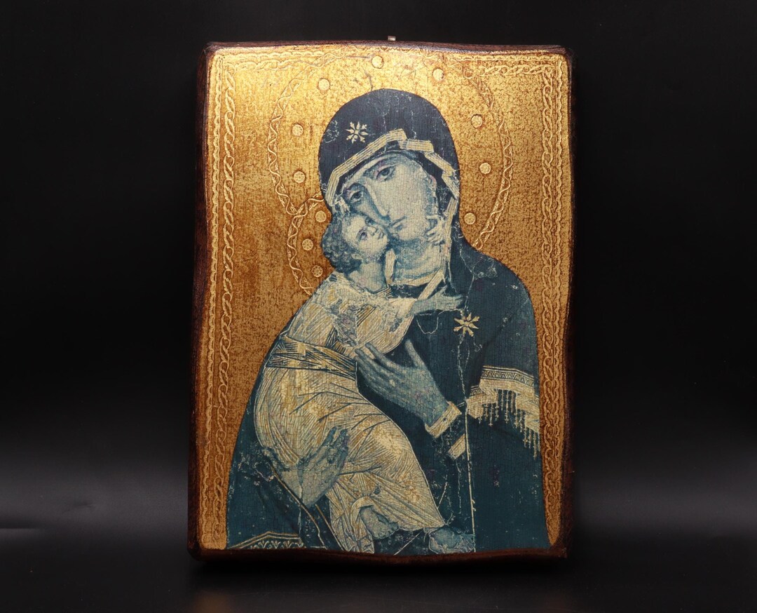 Hand Painted Virgin of Vladimir Orthodox Wood Icon OLD Antique ...