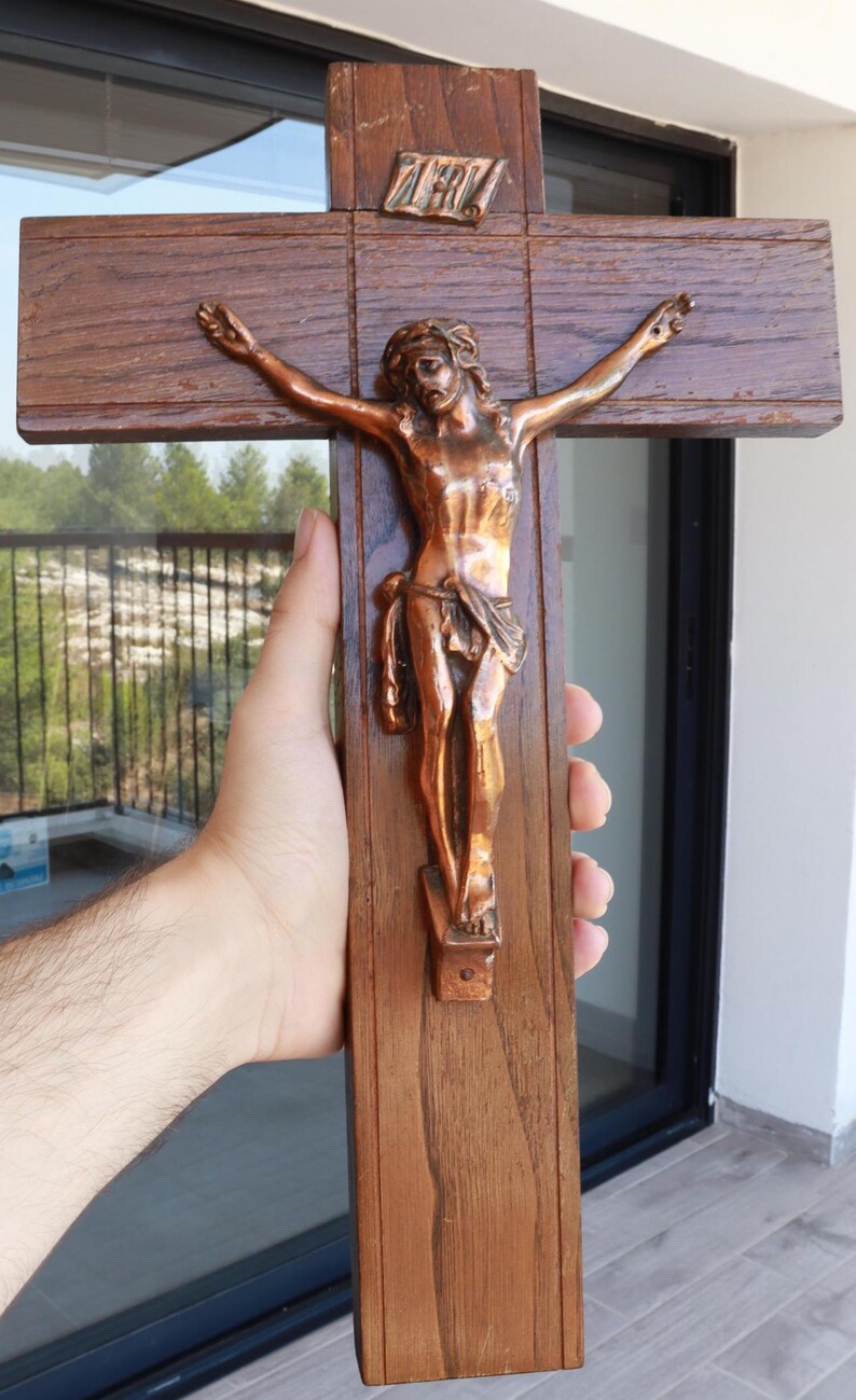 Wood Crucifix Antique Cross Hanging Metal Christ Golden Figure ...