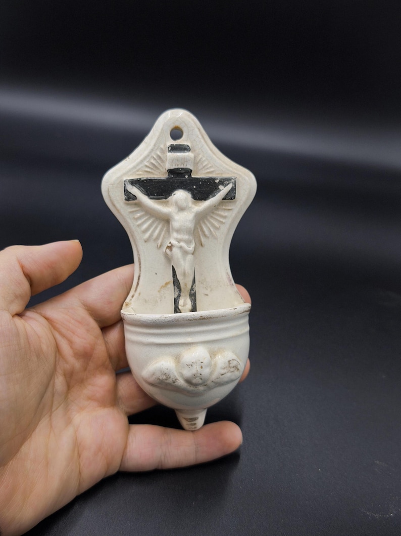 Antique White Porcelain Holy Water Font With Cherub Crucifix, Wall ...