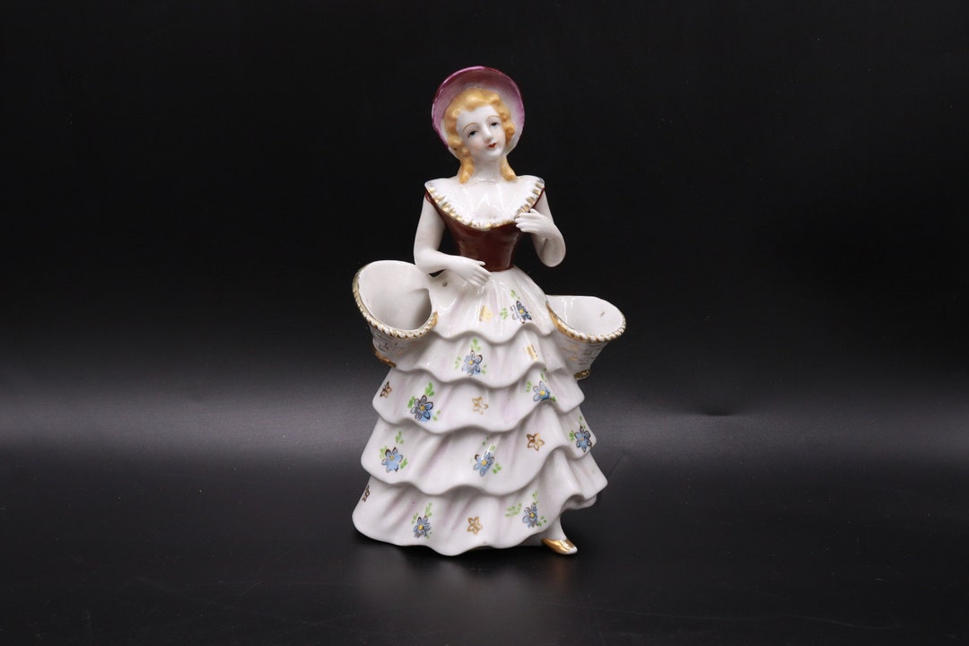 Vintage Lady Holding Baskets Vase Figurine Old Statue Ceramic Hand ...