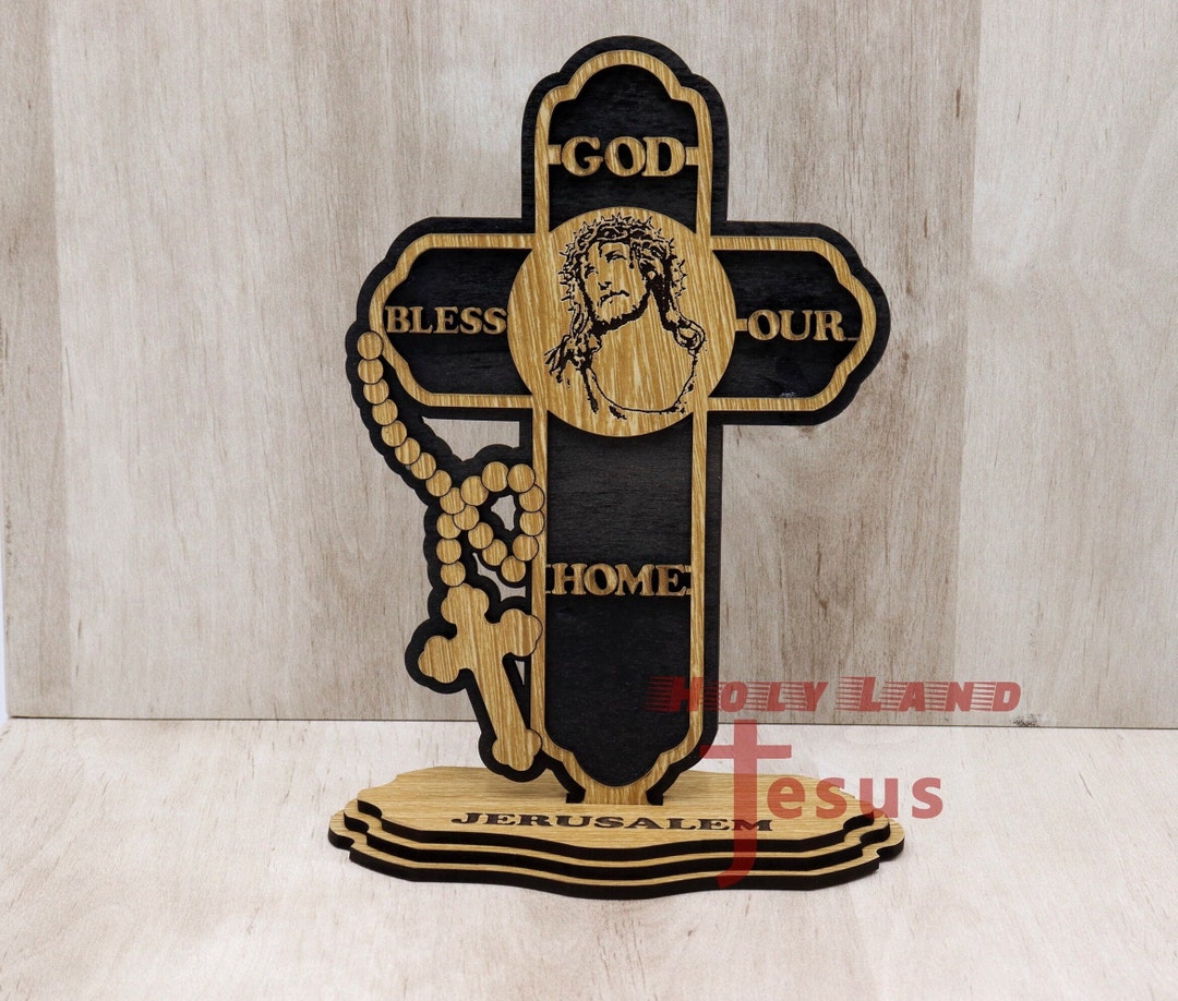 Cross "god Bless Our Home "rosary Around Jesus Face Standing Wood ...