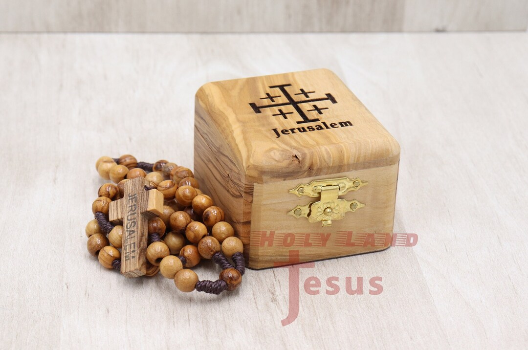 Jerusalem Box With Rosary Olive Wood Bethlehem Holy Land Keepsake ...
