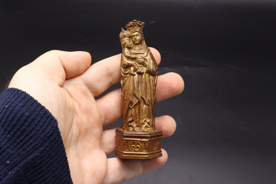 1880 Mary Virgin Jesus Statue Antique French Miniature Metal Special ...