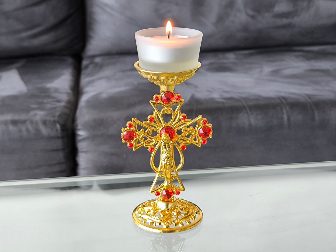 Candle Holder Holy Land Metal Gold Cross Decoration Jeweled Accent Gift ...