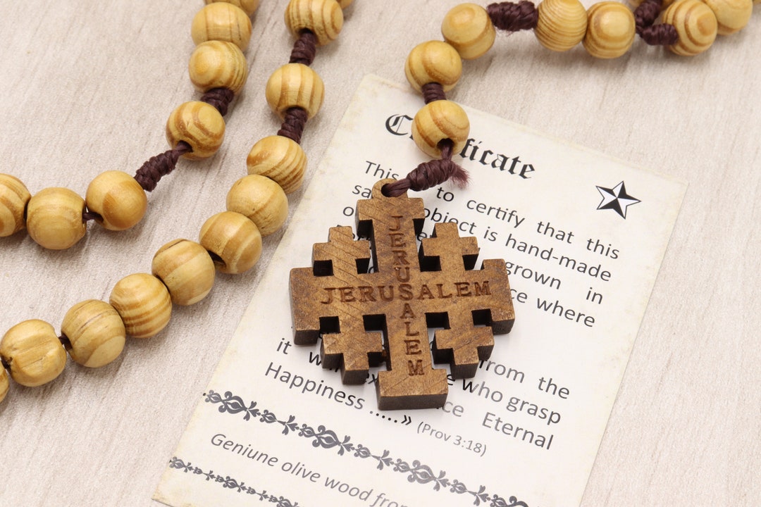 Rosary With Certificate Jerusalem Cross Olive Wood Prayer Holy Land ...