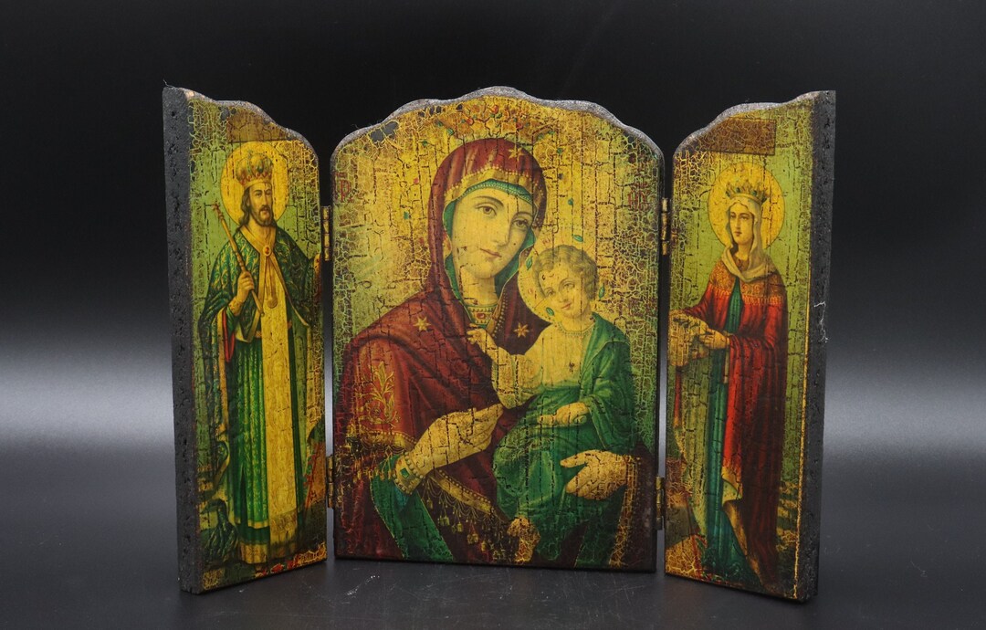 Tríptico religioso del período bizantino de tres manos de la Virgen ...