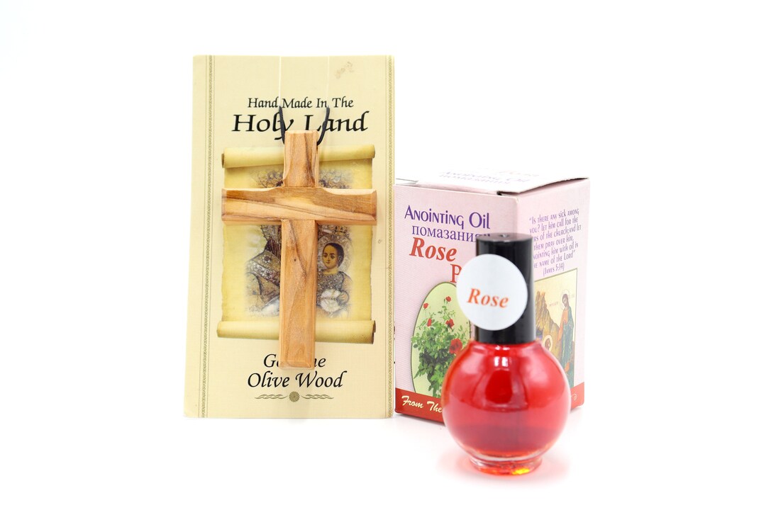 Anointing Oil Rose With Necklace Cross Olive Wood Holy Land Blessed 100 ...