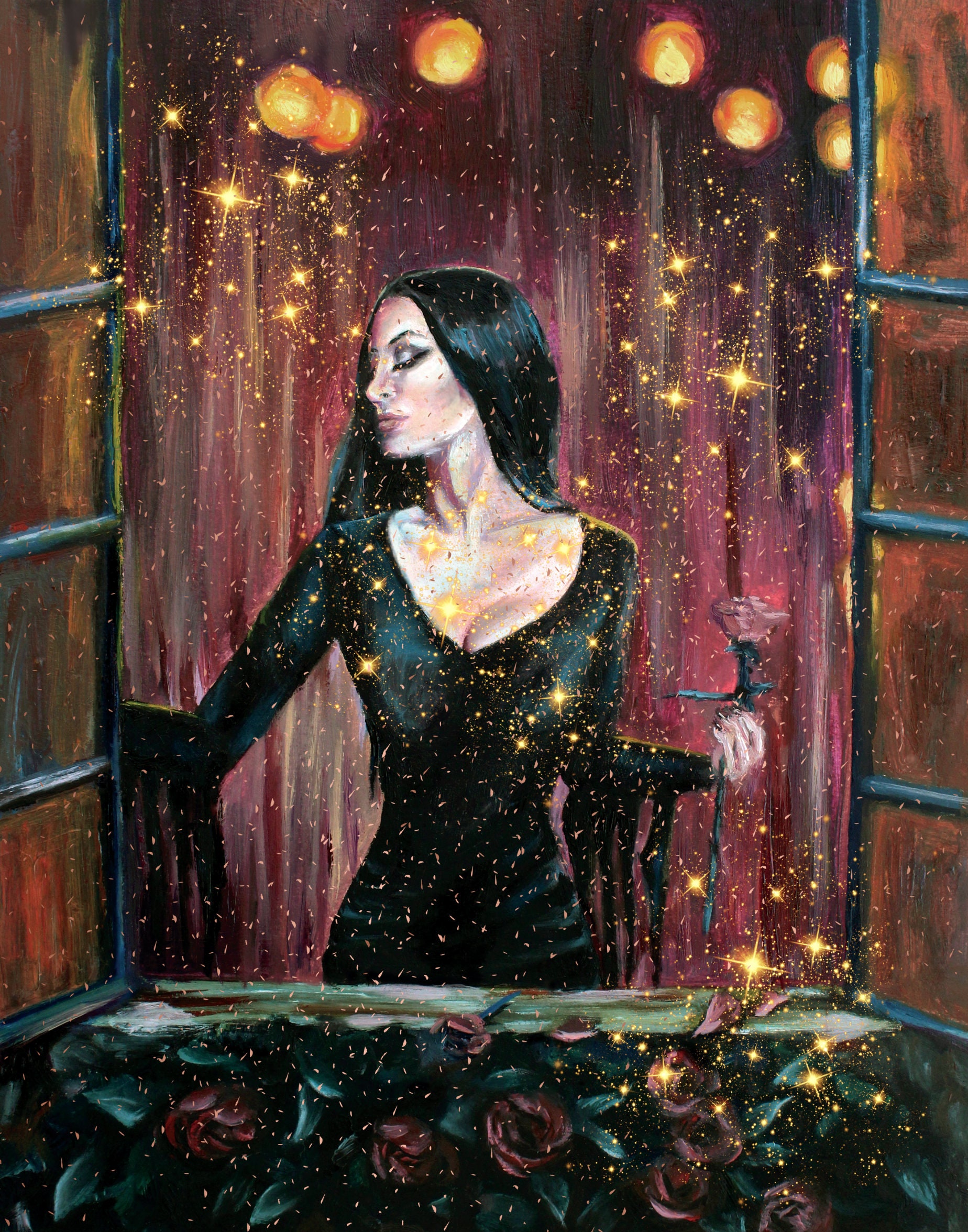 Morticia Addams Glitter Embellished Art Print, Addams Family Oil ...