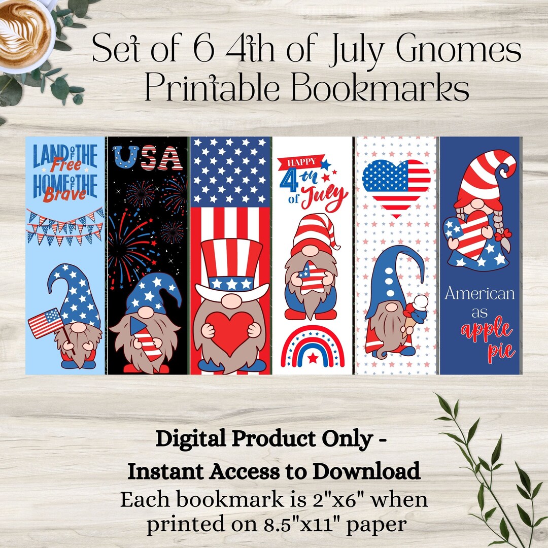 4th of July Gnomes Printable Digital Download Bookmark Patriotic Cute ...