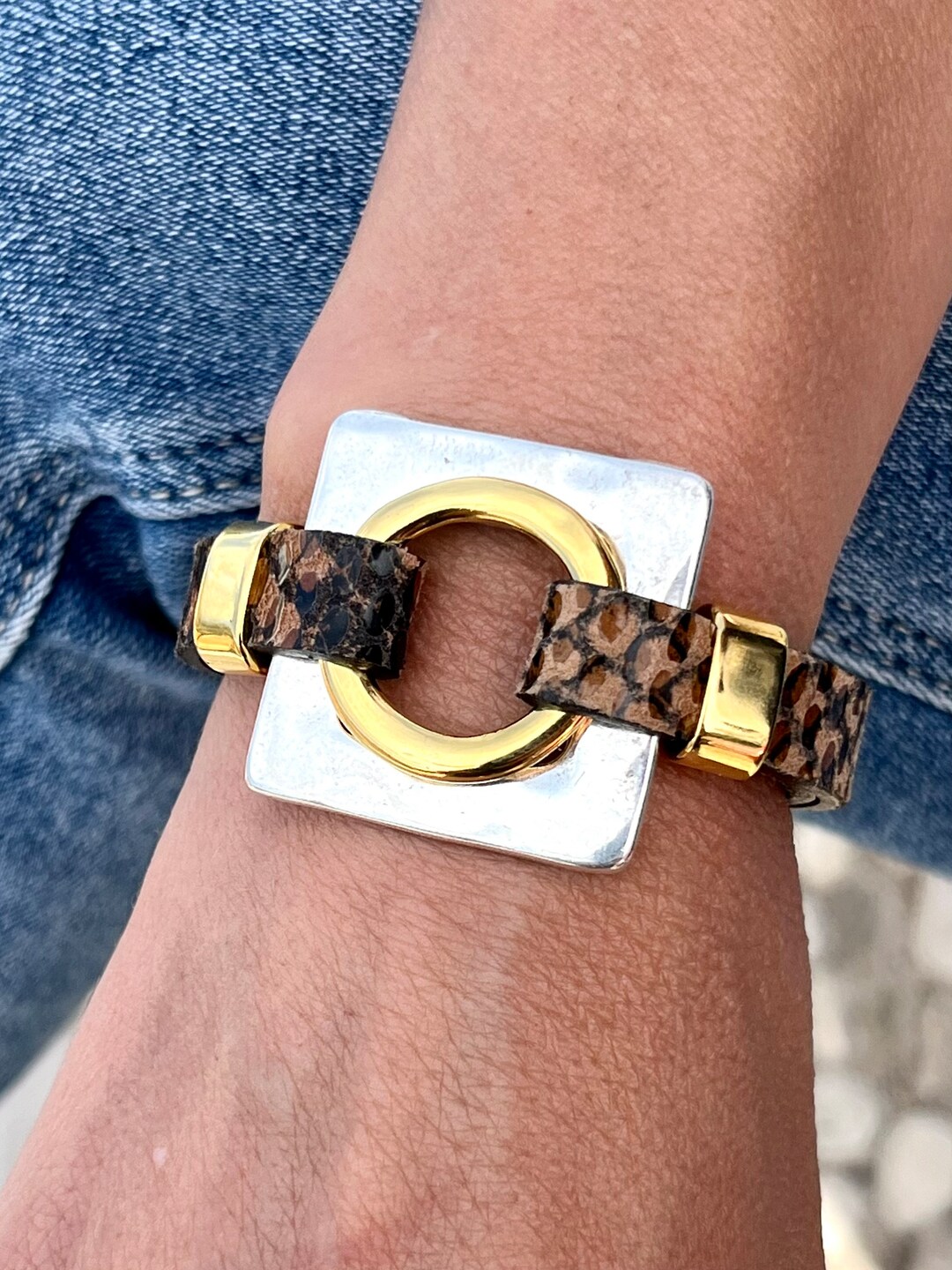 Silver Gold and Leather Women's Bracelet, Double O-ring Bracelet ...