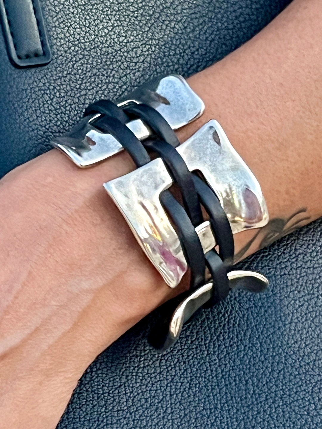 Women's Silver and Leather Bracelet, Cuff Bracelet, ORLA MODEL ...