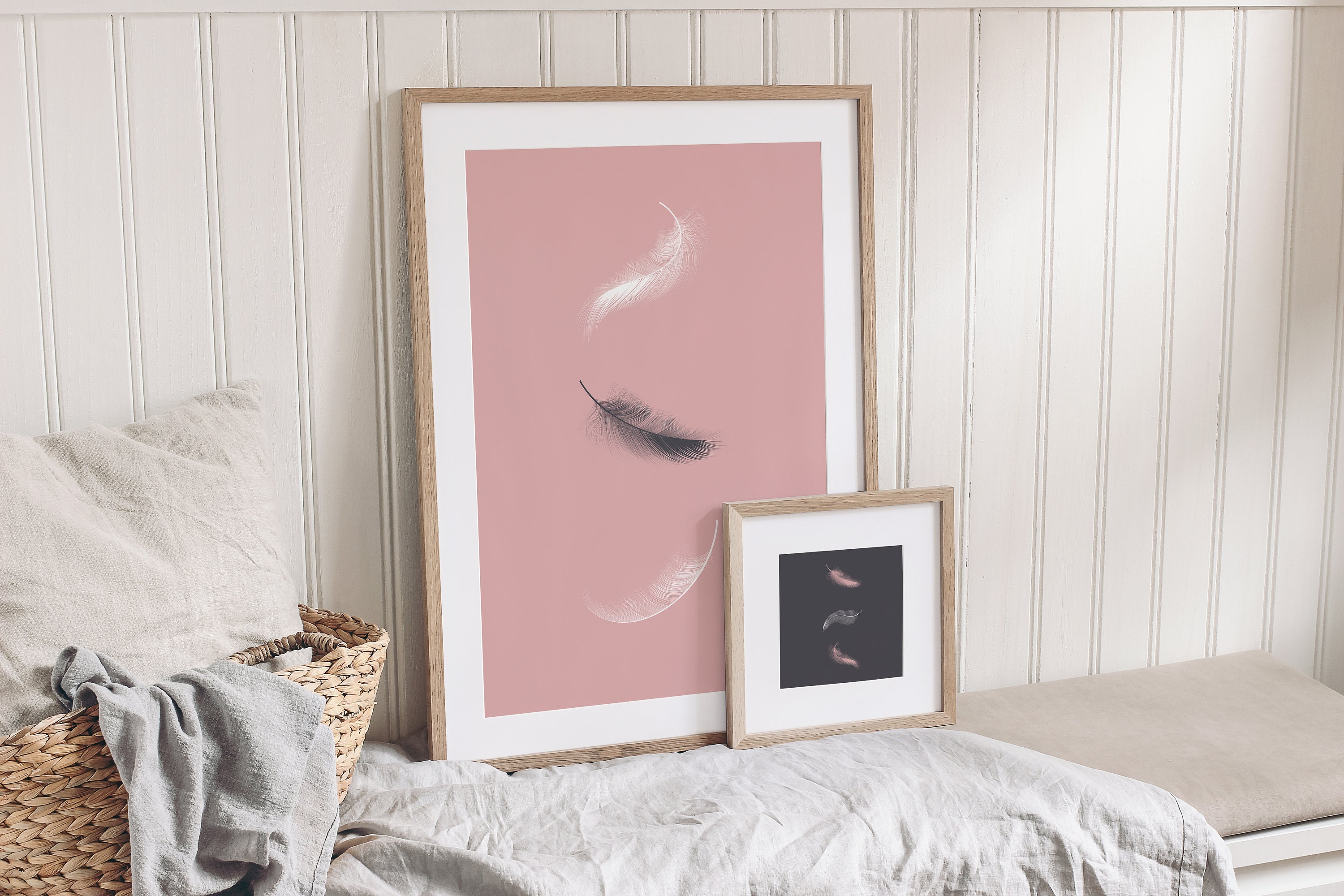 Black and Pink Feather Print Set of 3, Feather Wall Art, Set of 3 Wall ...
