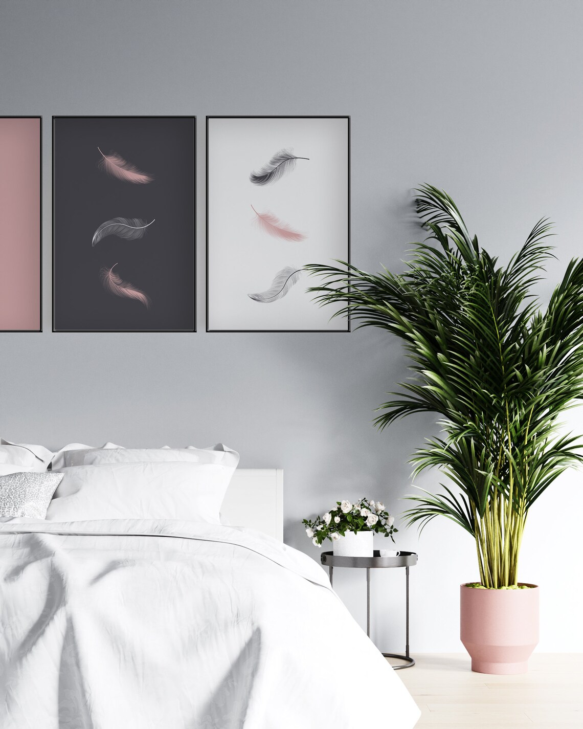 Black and Pink Feather Print Set of 3, Feather Wall Art, Set of 3 Wall ...