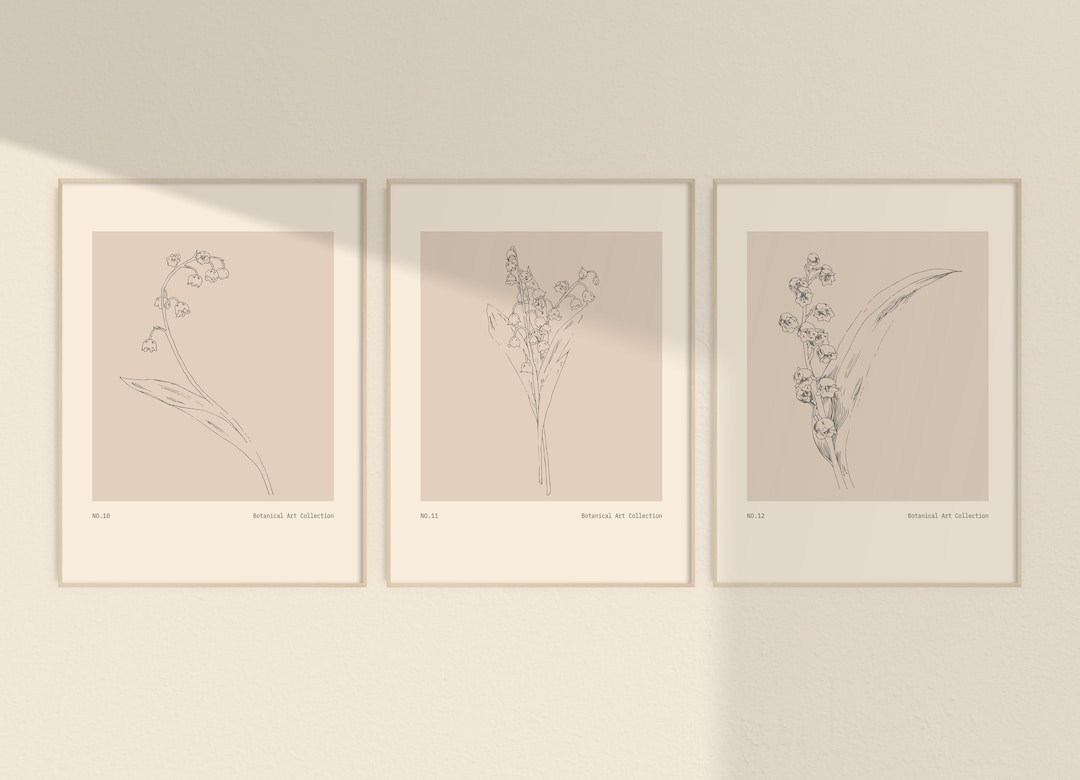Birth Flower Lily of the Valley, Neutral Botanical Print, Set of 3 Modern Fine Line Drawing ...