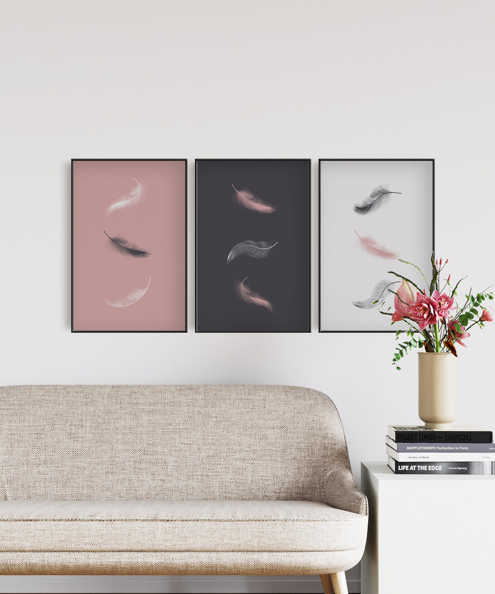 Black and Pink Feather Print Set of 3, Feather Wall Art, Set of 3 Wall ...