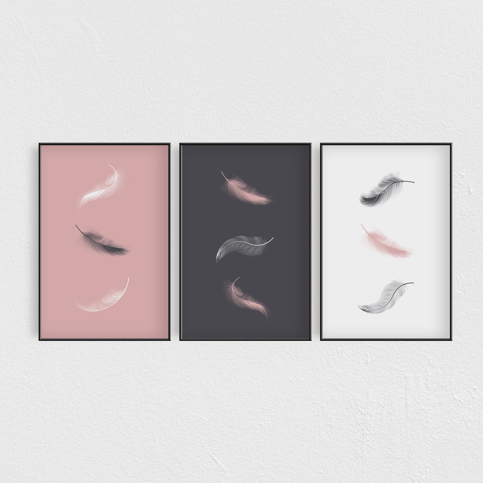 Black and Pink Feather Print Set of 3, Feather Wall Art, Set of 3 Wall ...