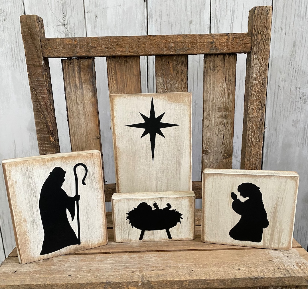 Mini Wood Block Nativity, Holy Family, Baby Jesus, Christmas Decor ...