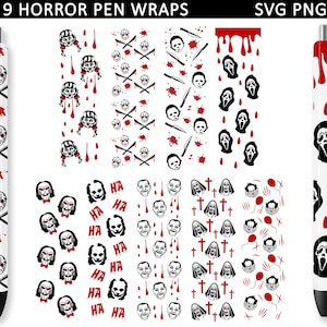Horror Pen Wraps Bundle, Pen Wrap Svg, Horror Movies Svg, Halloween Svg ...