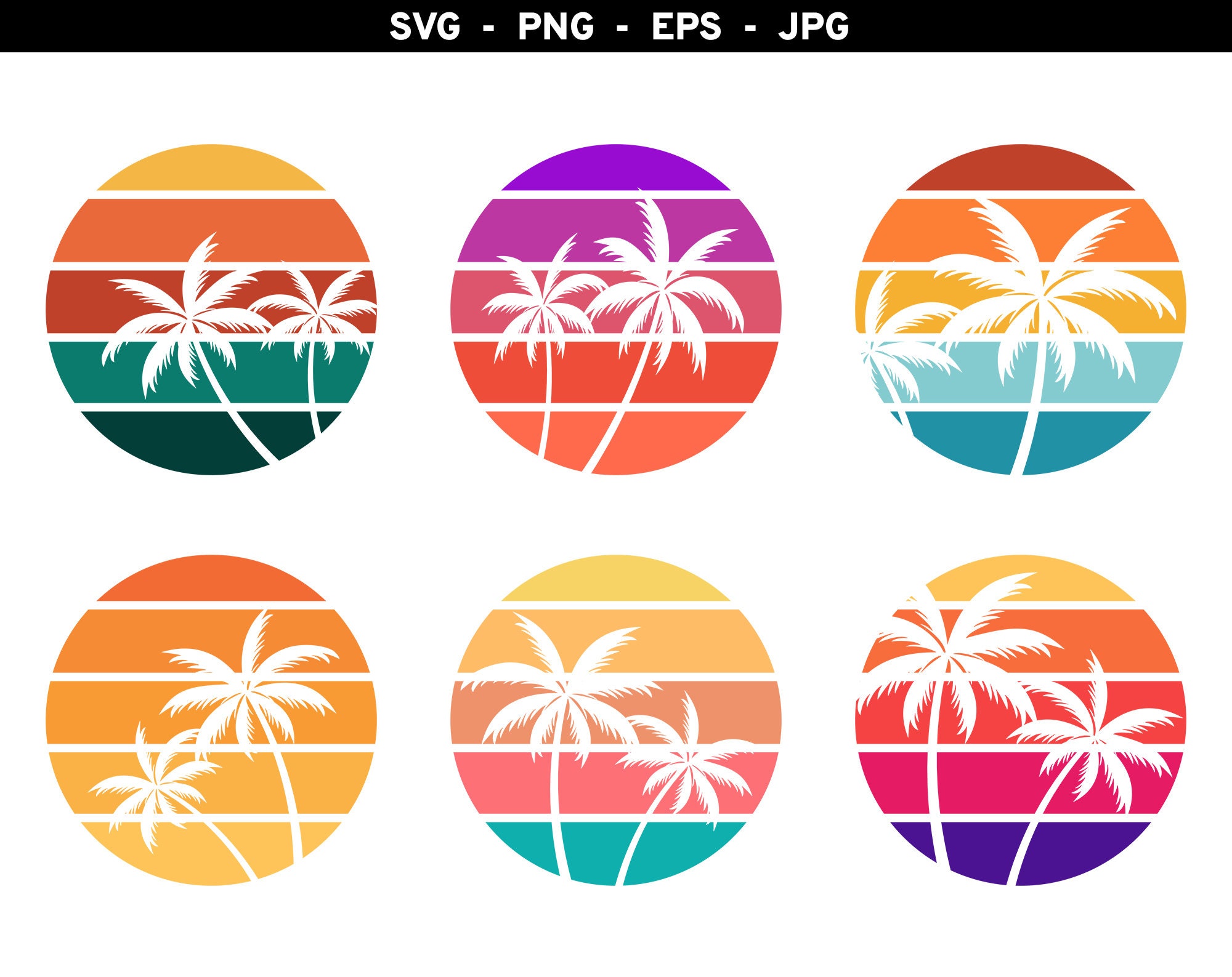 Retro Sunset Svg Bundle, Palm Tree Svg, Palm Trees Shadow Png, Vintage ...