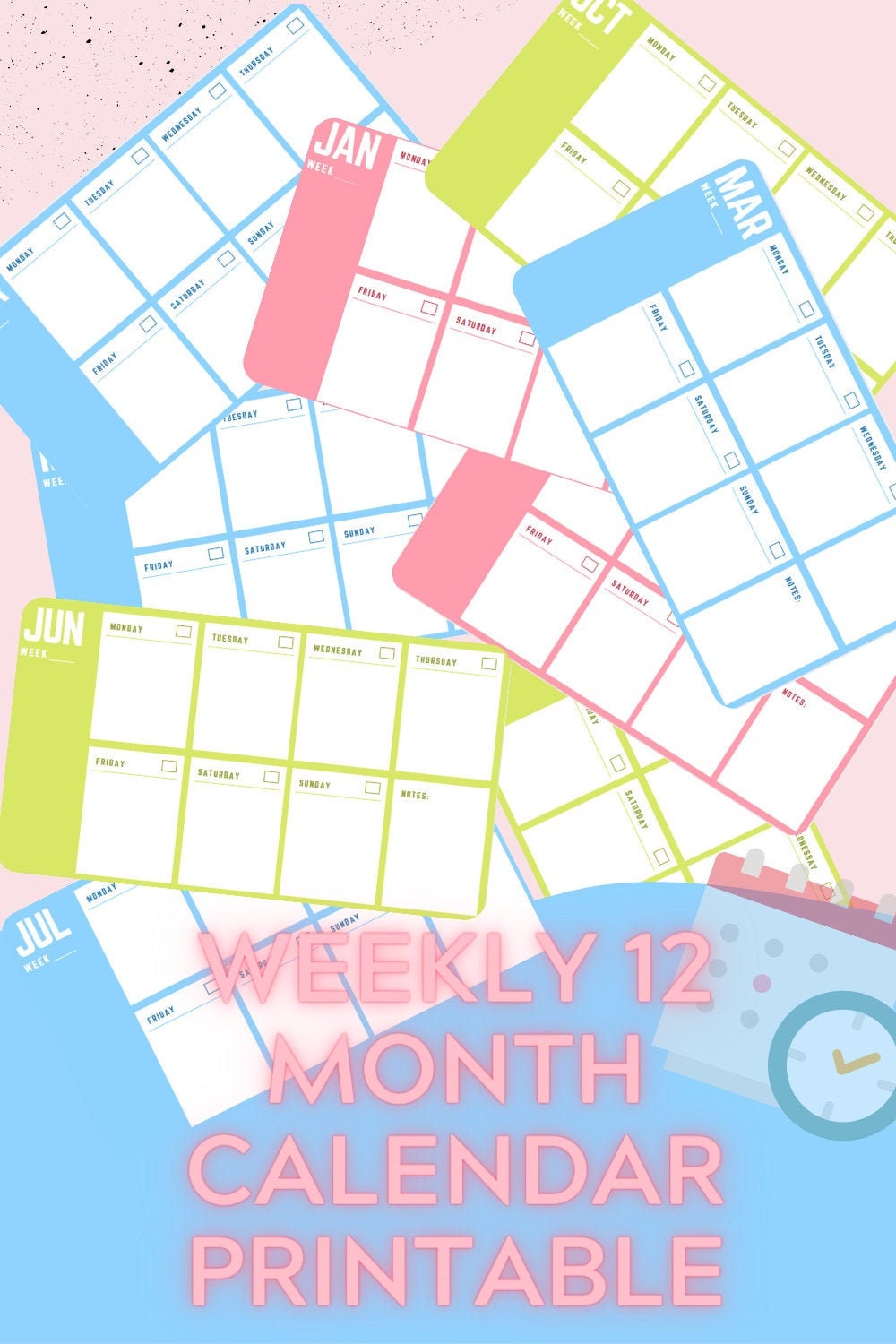 WEEKLY 12-MONTH Printable CALENDAR | Etsy