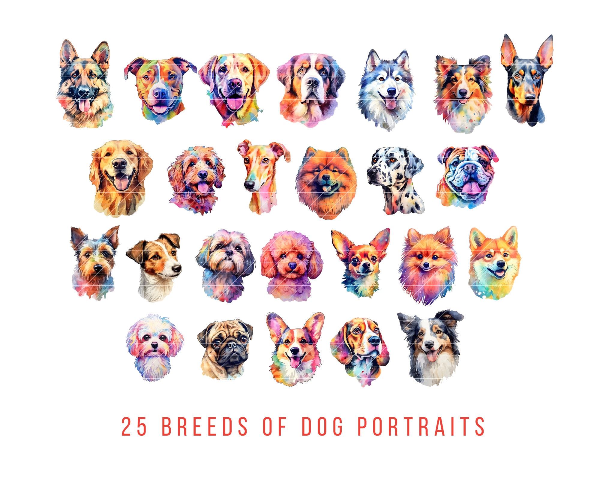 25 Colorful Watercolor Dog Breed Head Portraits Clip Art 25 - Etsy
