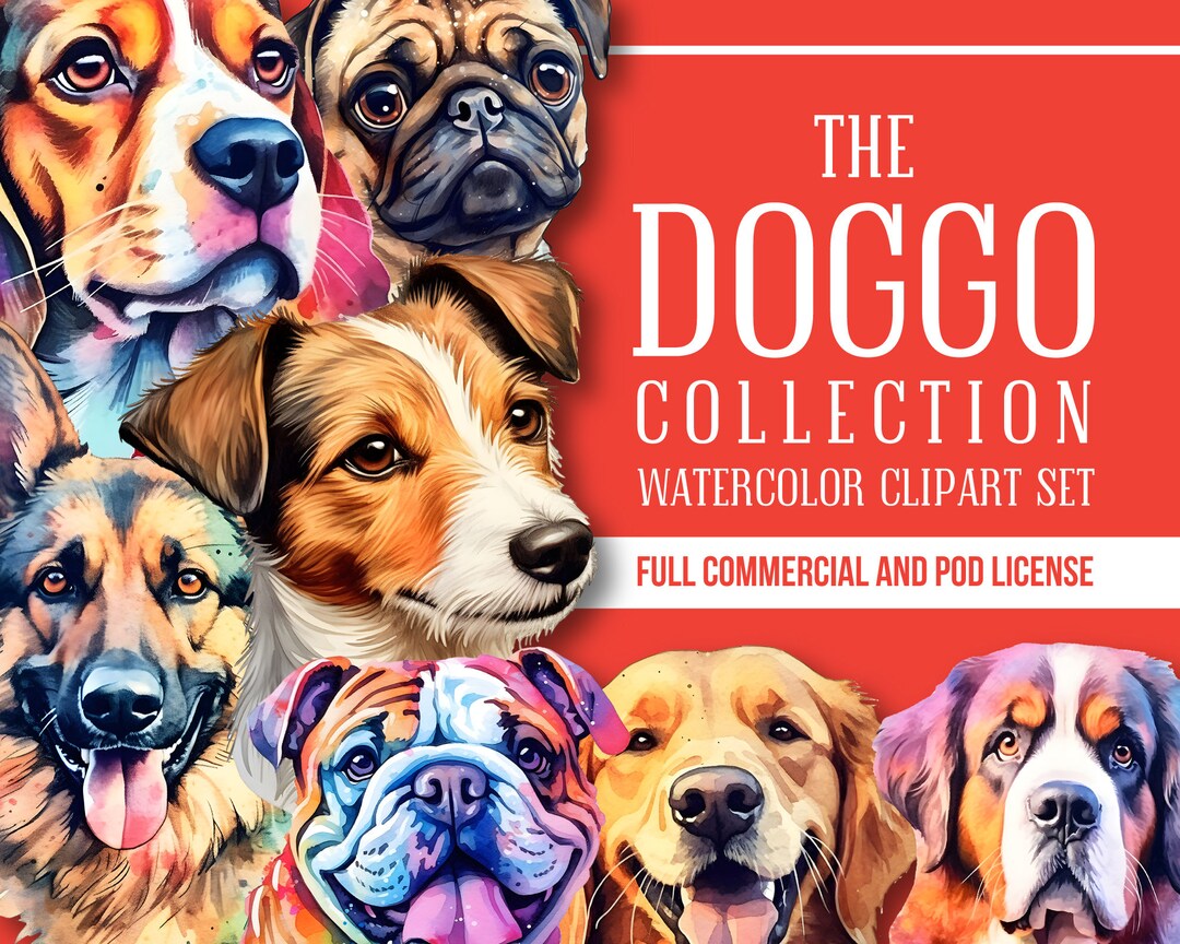 25 Colorful Watercolor Dog Breed Head Portraits Clip Art | 25 Dog ...