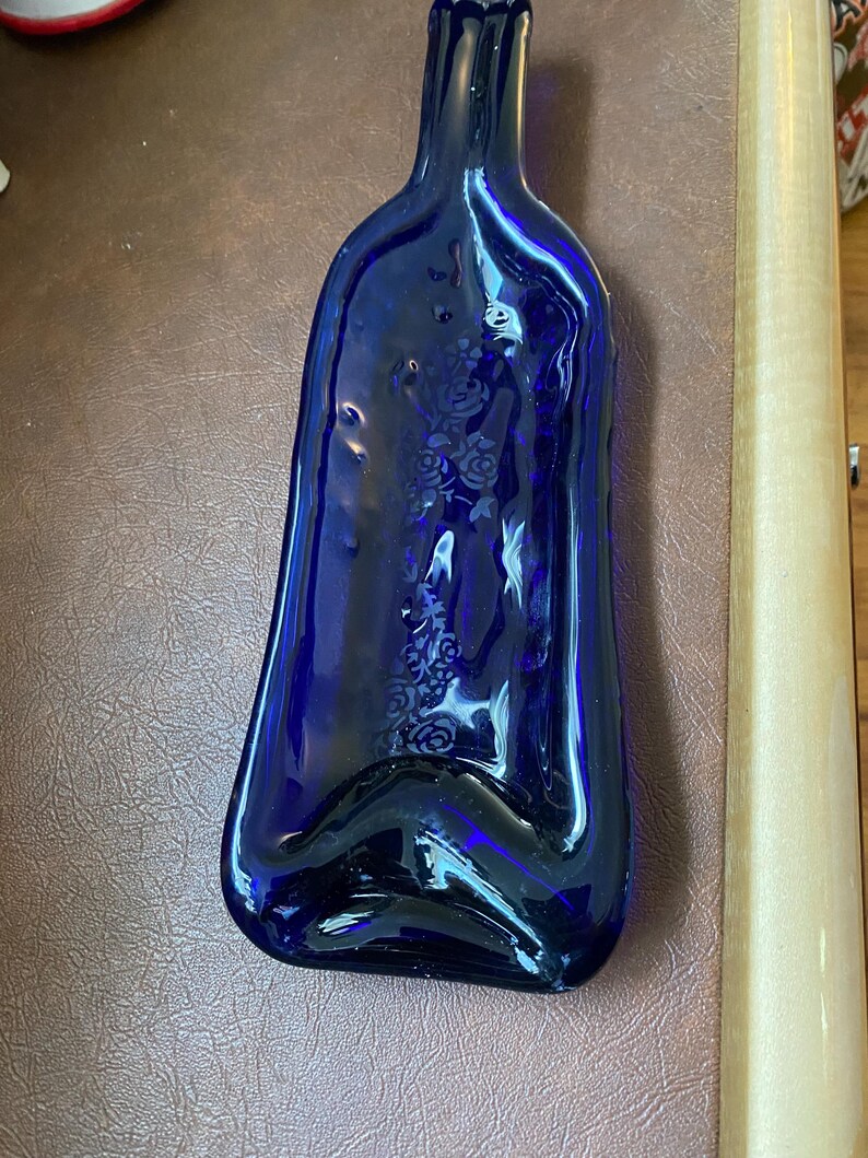 Slumped Wine Bottle Tree of Life Pattern on Back, Etched Flower Pattern ...