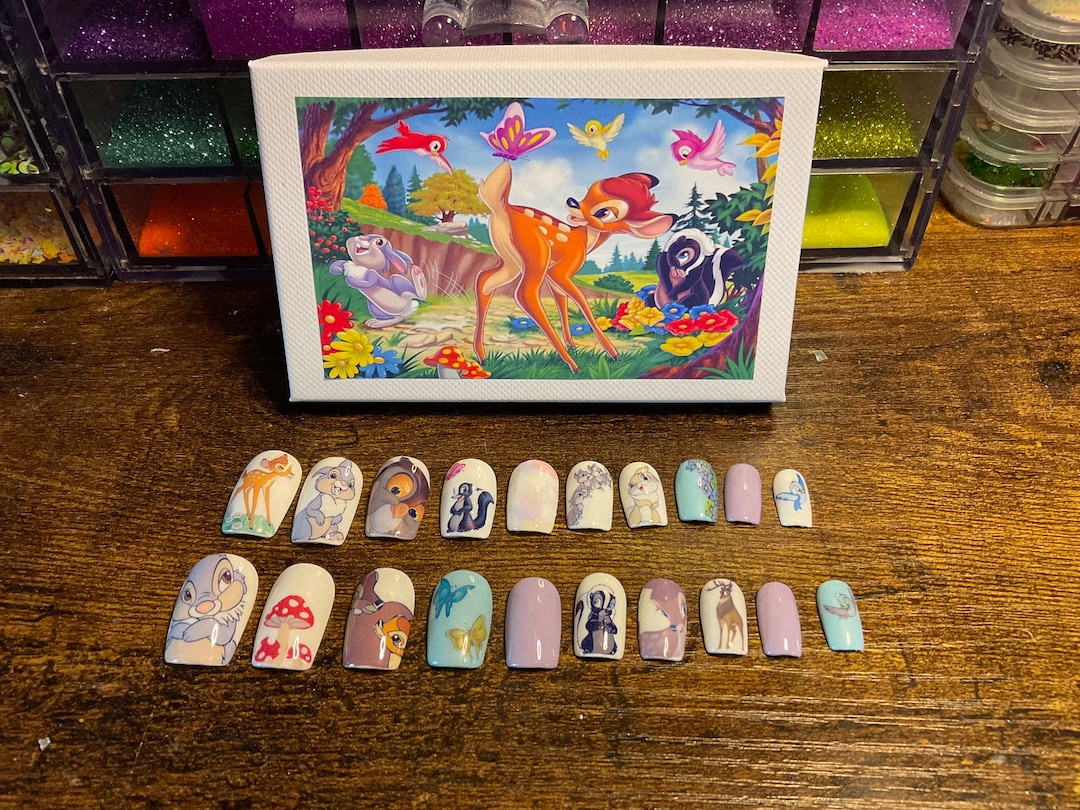 Full Set of 20x Nails Gel….. DISNEY… BAMBI.. (inspired) Any Shape and ...