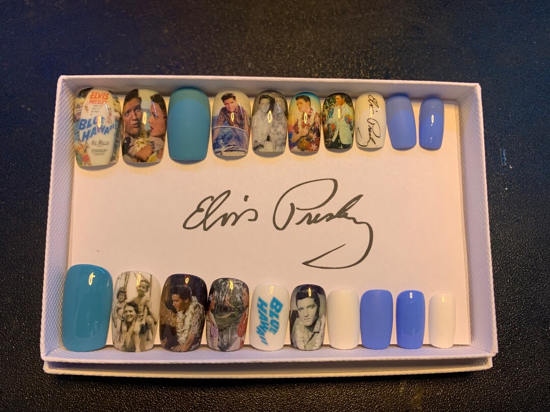 Full Set of 20x Nails Gel….. Inspired ELVIS PRESLEY Blue Hawaii - Etsy