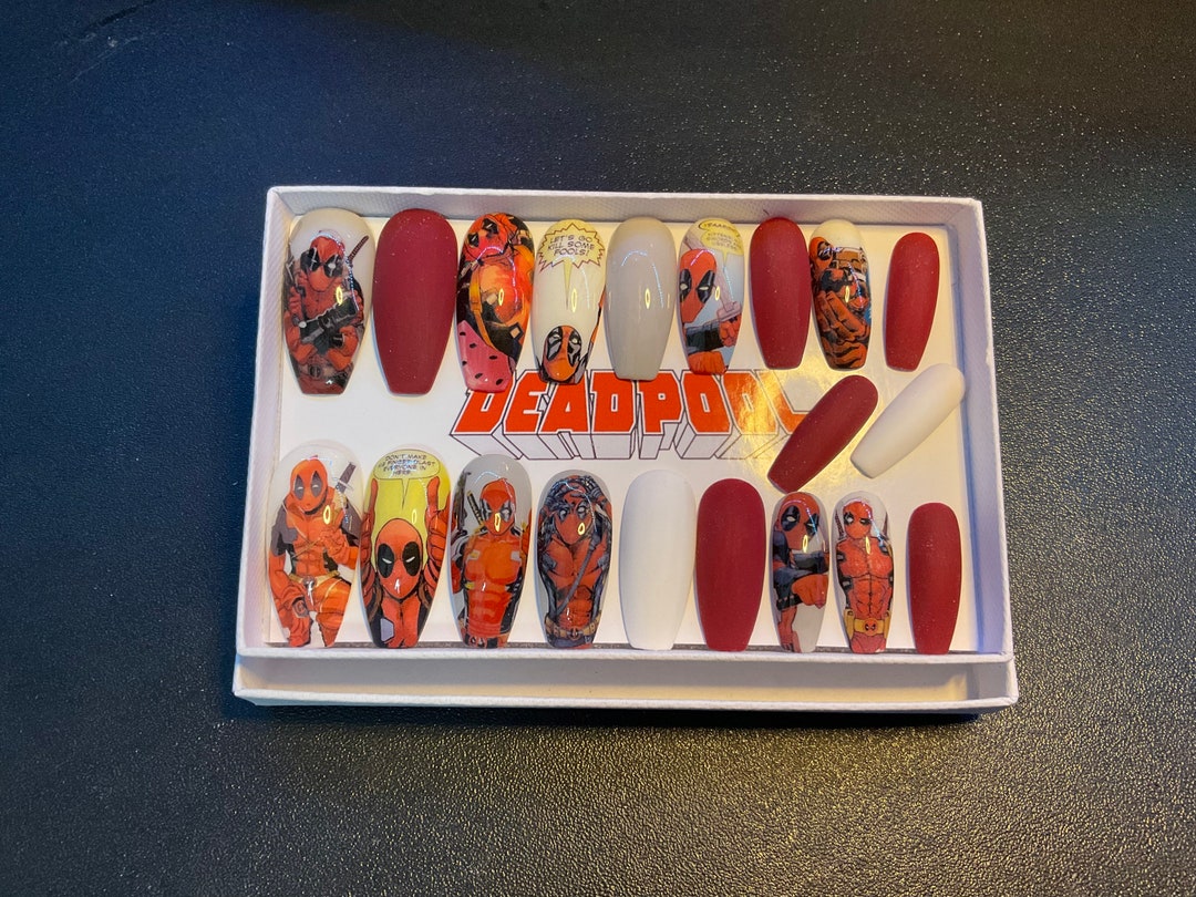 Full Set of Acrylic Nails.. inspired MARVEL, Comic Deadpool.any Shape ...