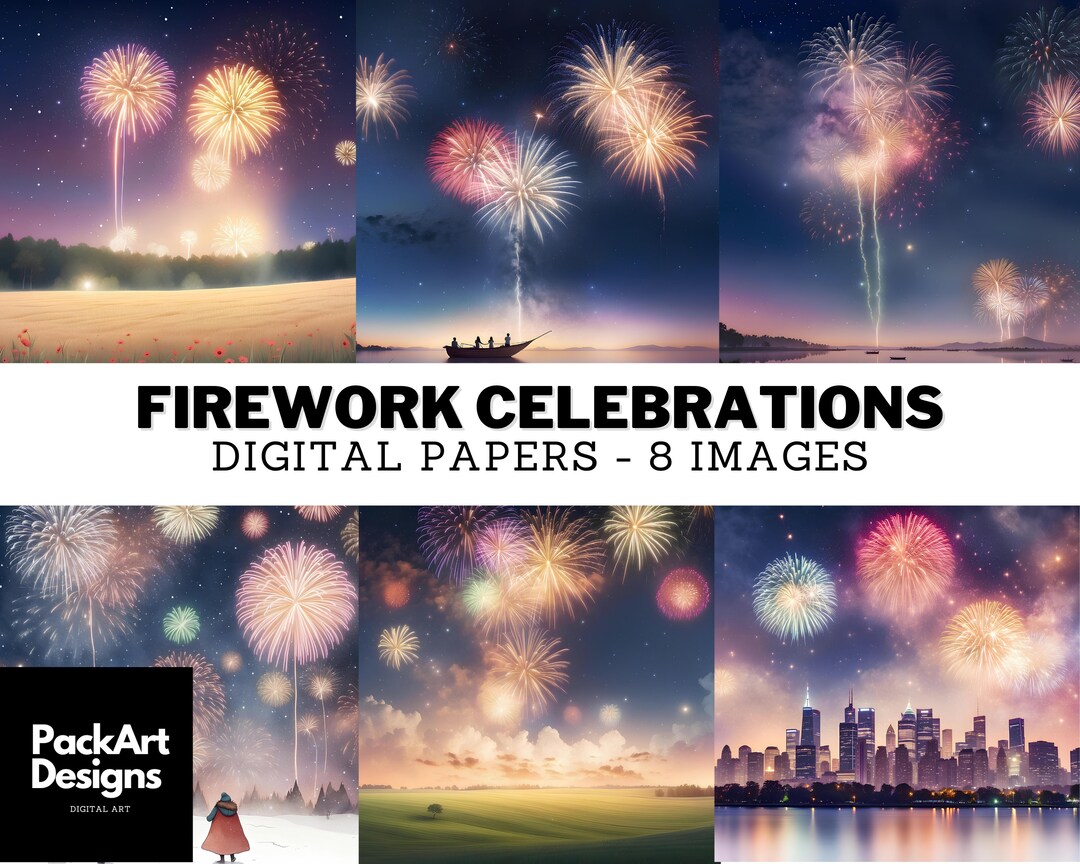Firework in the Sky Digital Paper, Fireworks on New Years Eve Paper ...