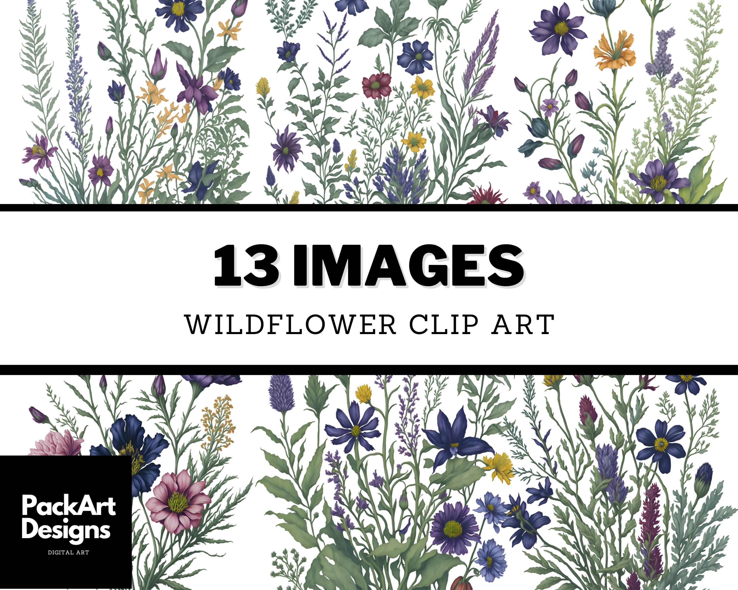Field Wildflower Clip Art, Floral Watercolor Wild Meadow Spring Flowers ...