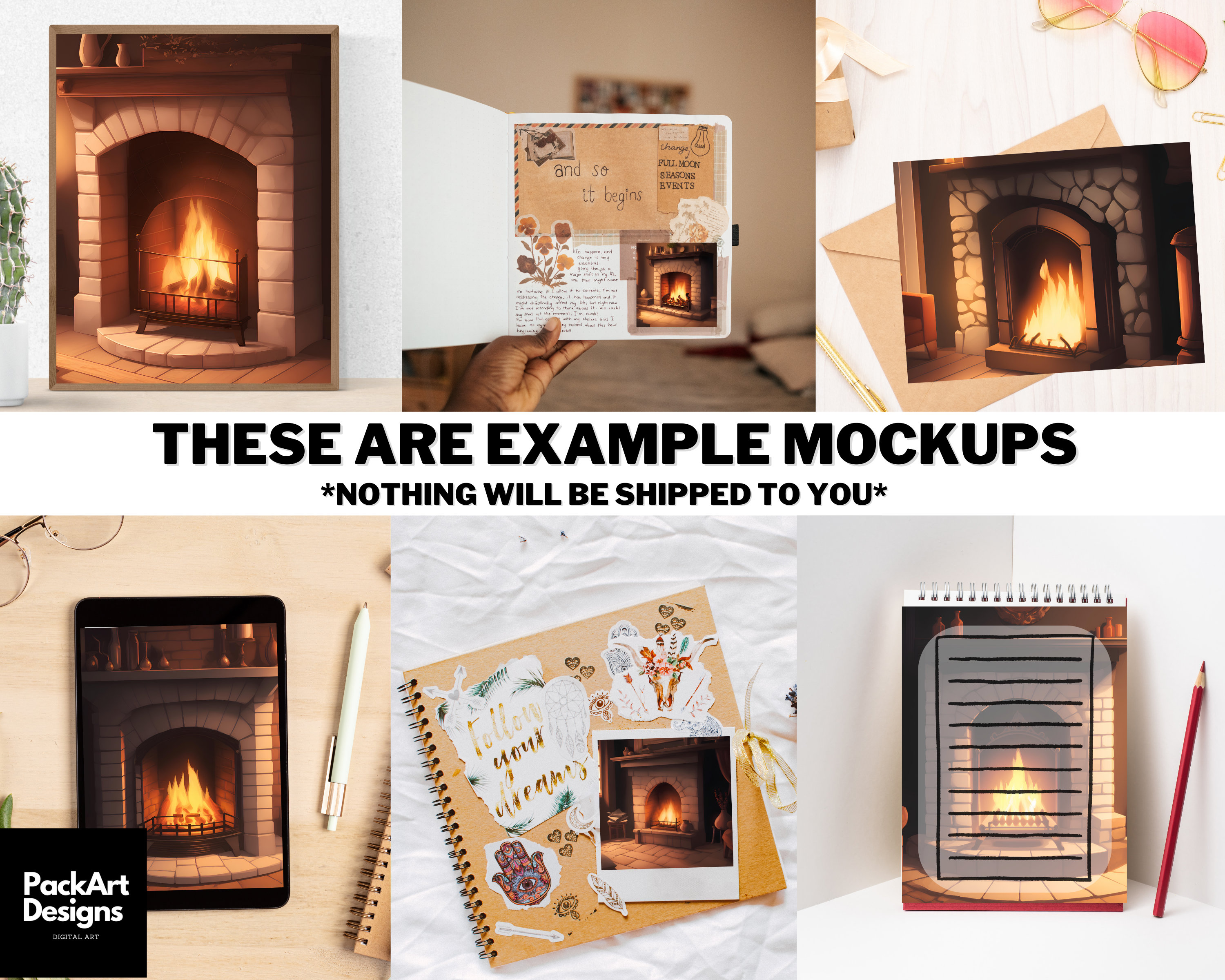 Cozy Fireplace - Watercolor Fireplace Scene Digital Paper, Cozy Home ...