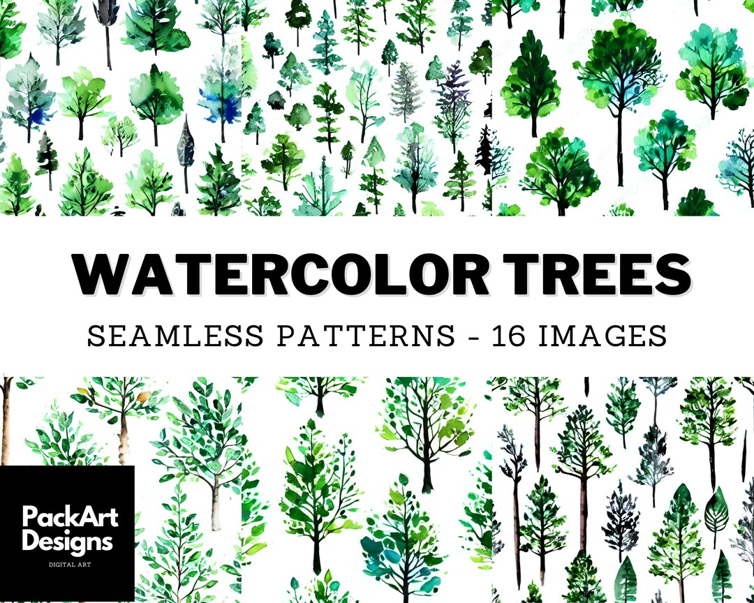Watercolor Forest Tree Patterns, Seamless Digital Paper (PNG, 16 Files ...