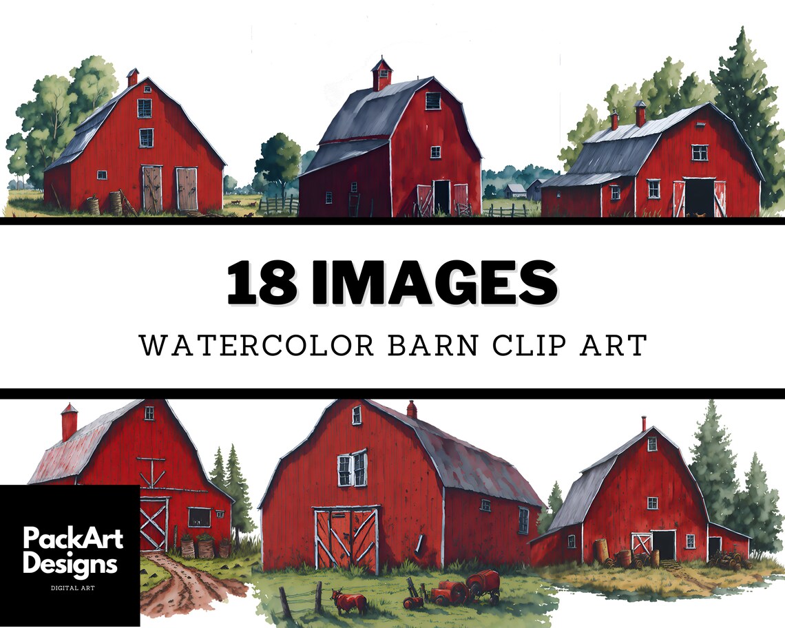 Watercolor Red Barn Clipart – Rustic Farm Landscape (digital Download ...