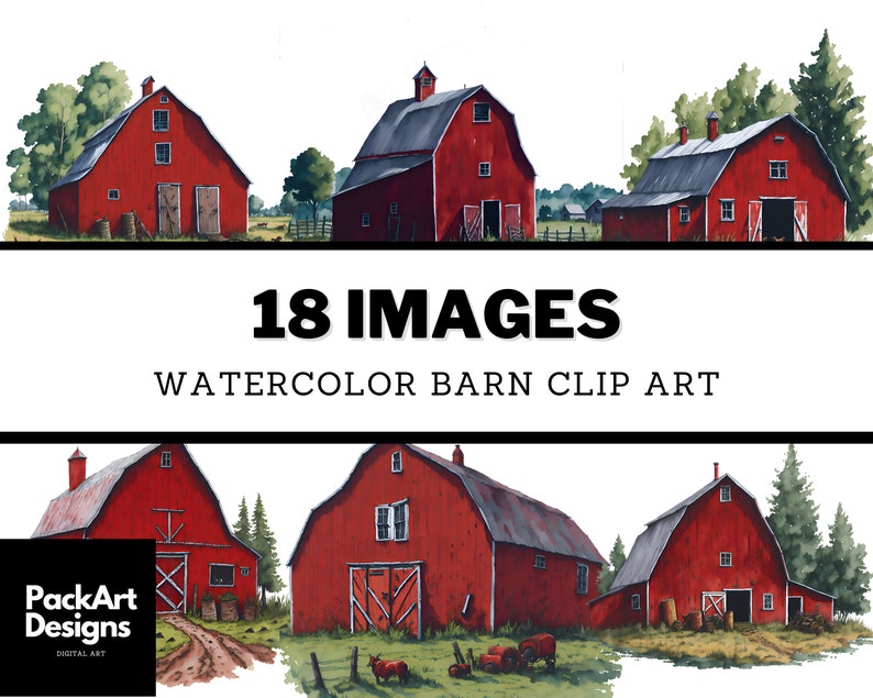 Rustic Red Barn Clip Art - Watercolor Countryside Farm Landscape ...
