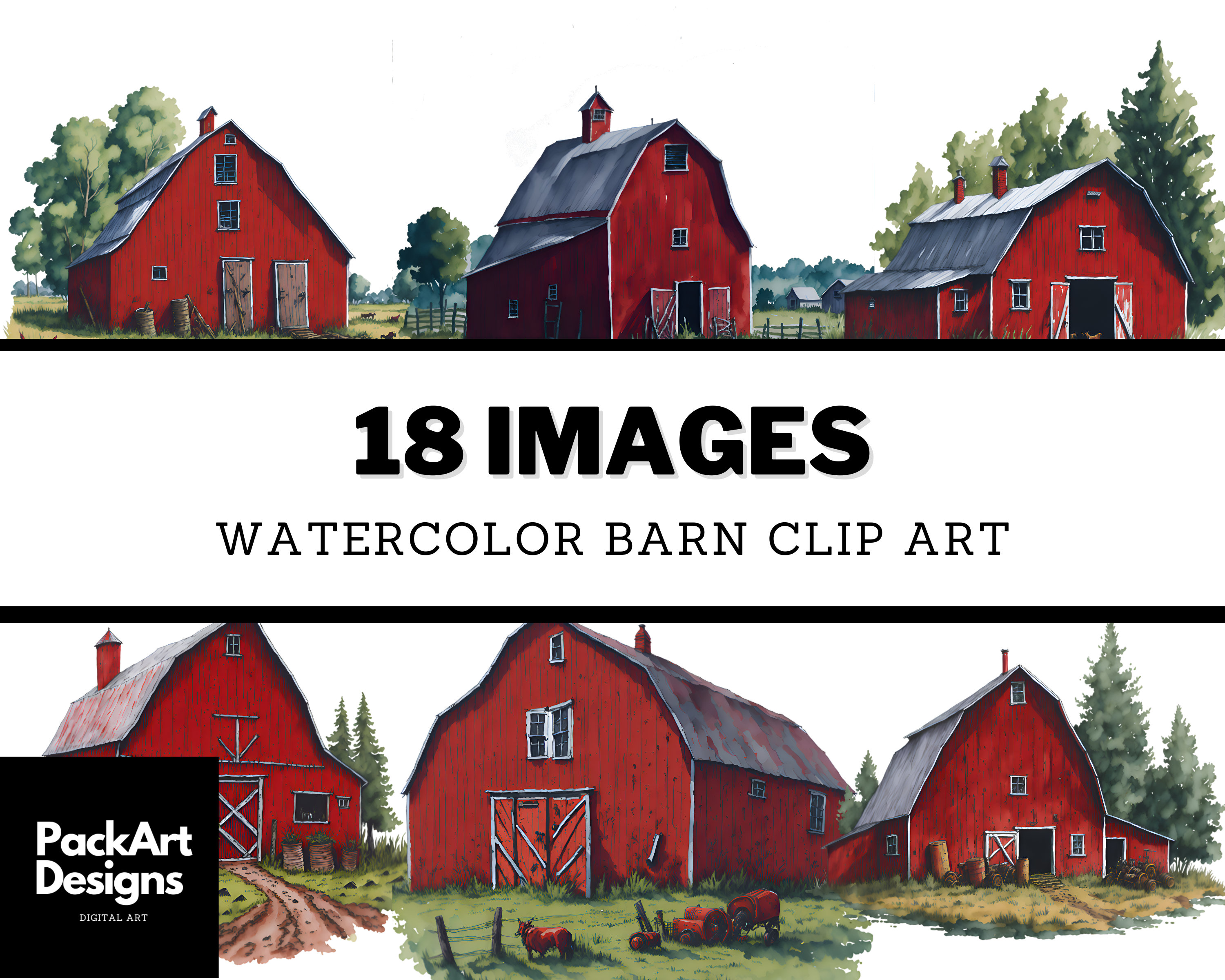Rustic Red Barn Clip Art - Watercolor Countryside Farm Landscape ...