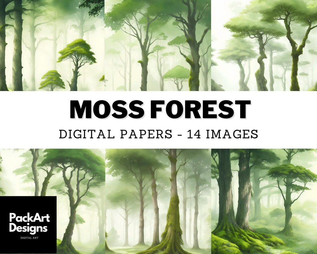 Mossy Woodland Forest Digital Paper, Watercolor Tree Backgrounds ...