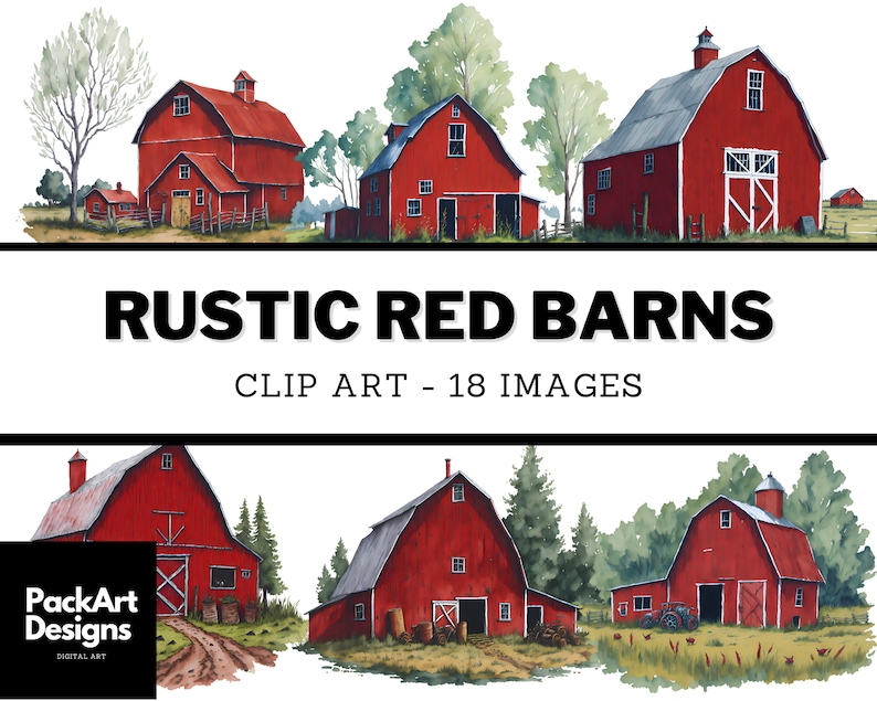 Rustic Red Barn Clip Art - Watercolor Countryside Farm Landscape ...
