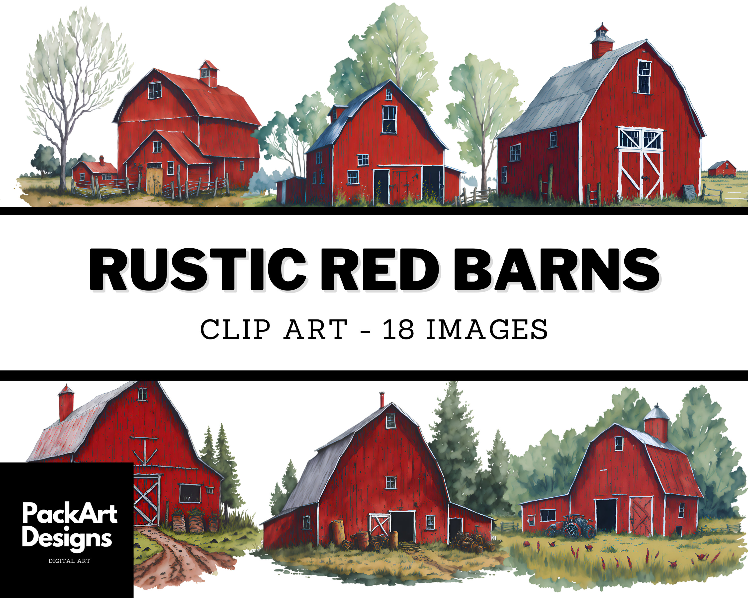 Rustic Red Barn Clip Art - Watercolor Countryside Farm Landscape ...