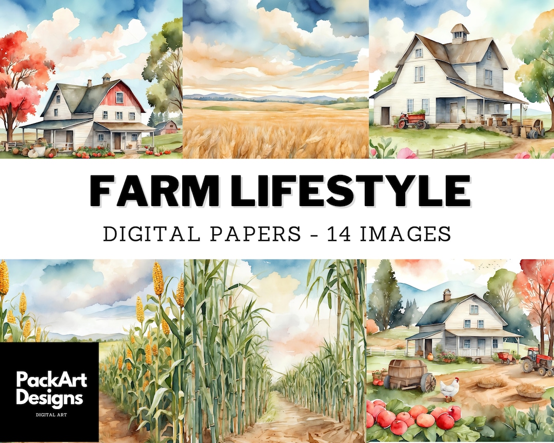 Farm Life - 14 Watercolor Farmhouse Papers - Charming Farm Scenes ...