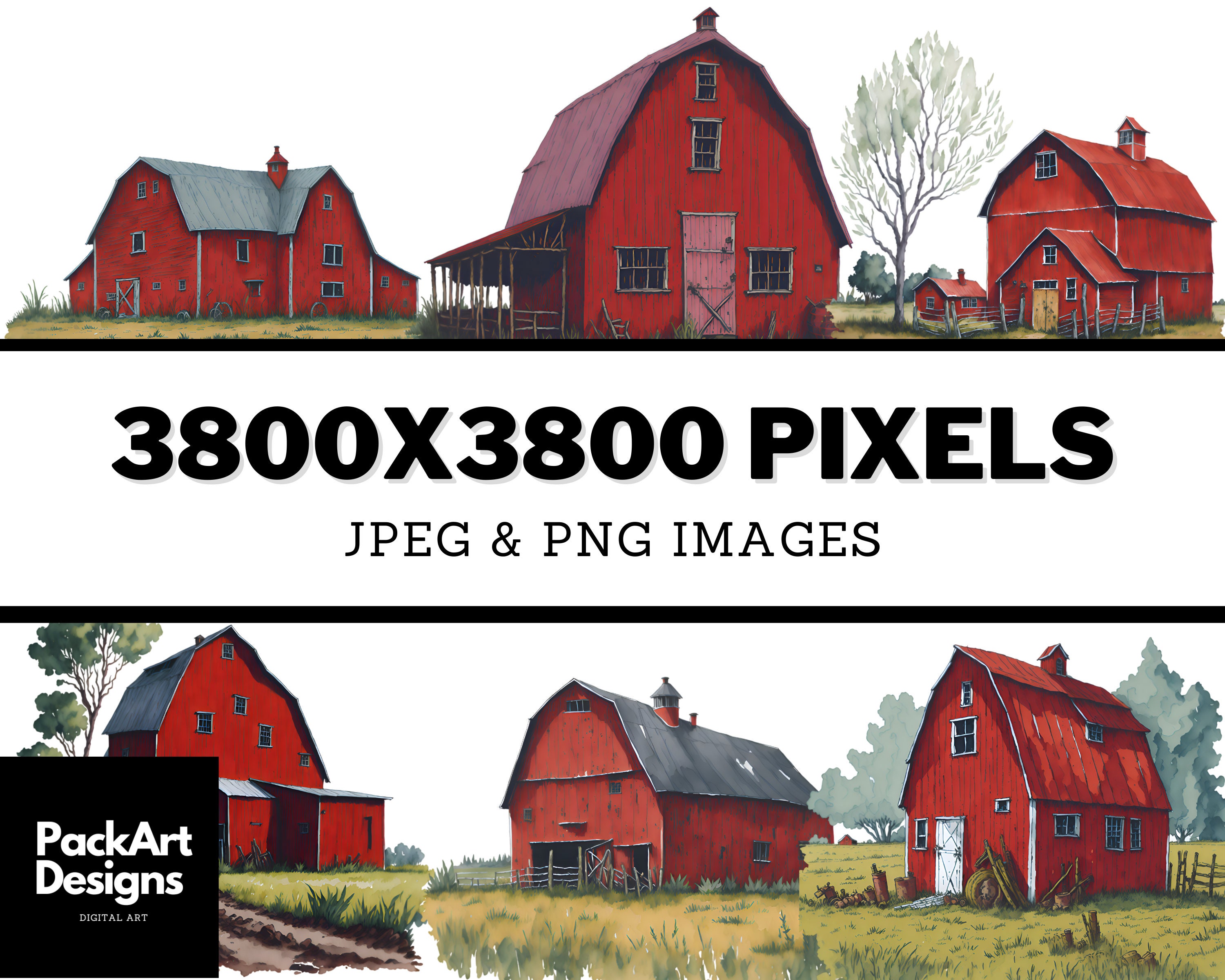 Watercolor Red Barn Clipart – Rustic Farm Landscape (digital Download ...