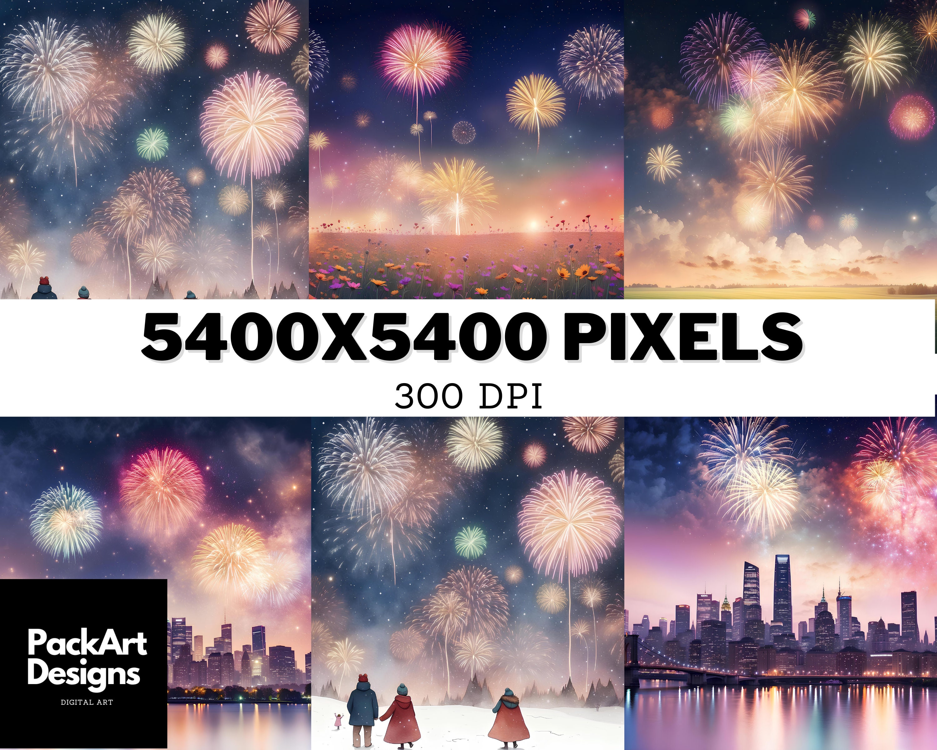 Firework in the Sky Digital Paper, Fireworks on New Years Eve Paper ...