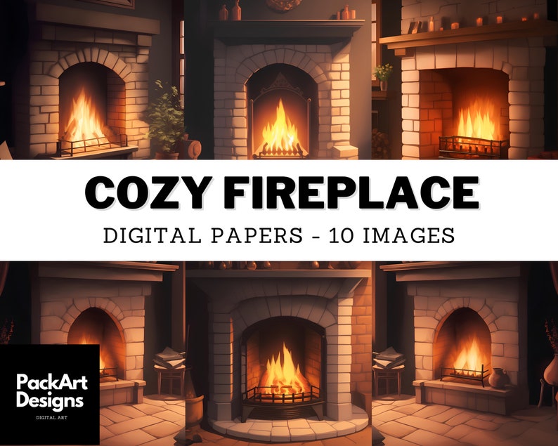 Cozy Fireplace - Watercolor Fireplace Scene Digital Paper, Cozy Home ...