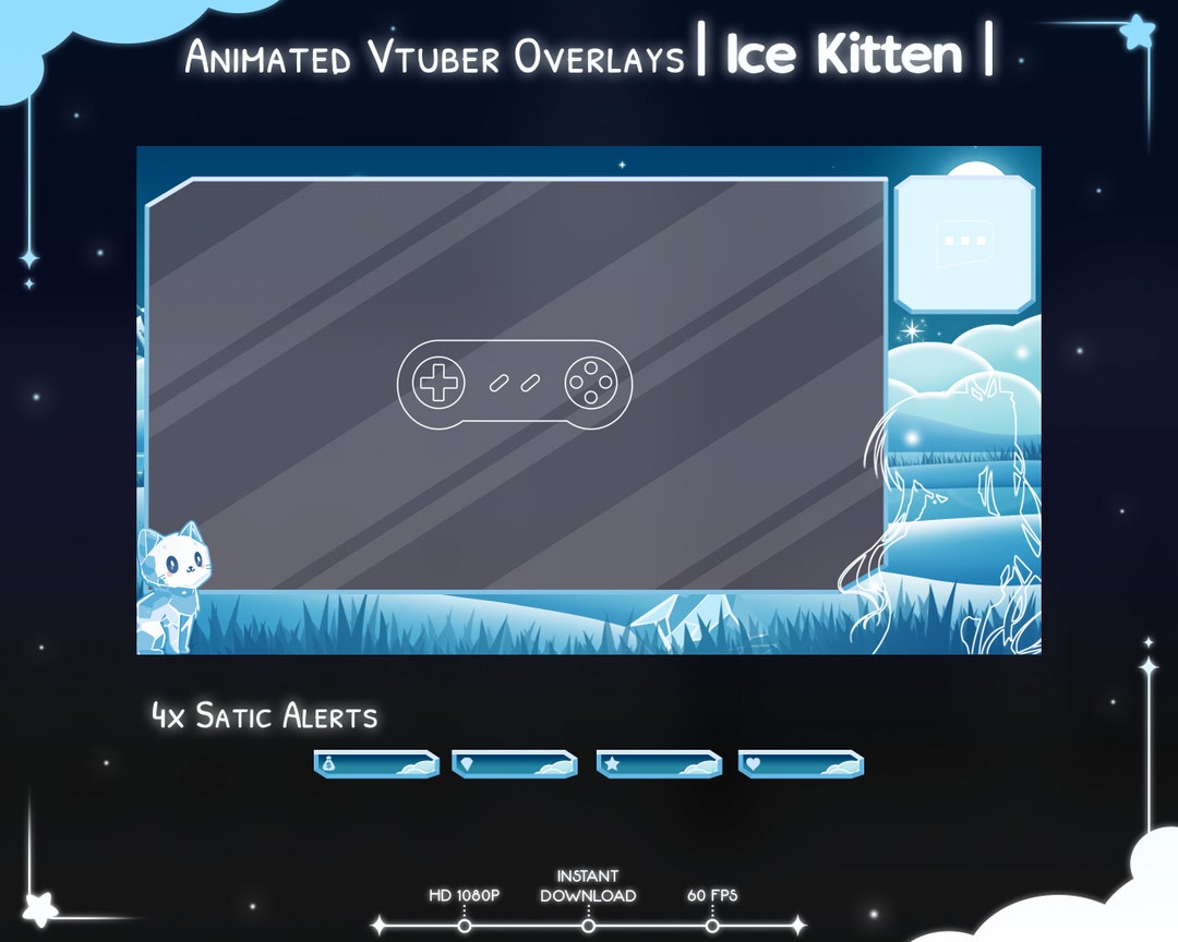 Animated "ice Kitten" Vtuber Overlay Pack - Twitch Stream - Kawaii Cat ...