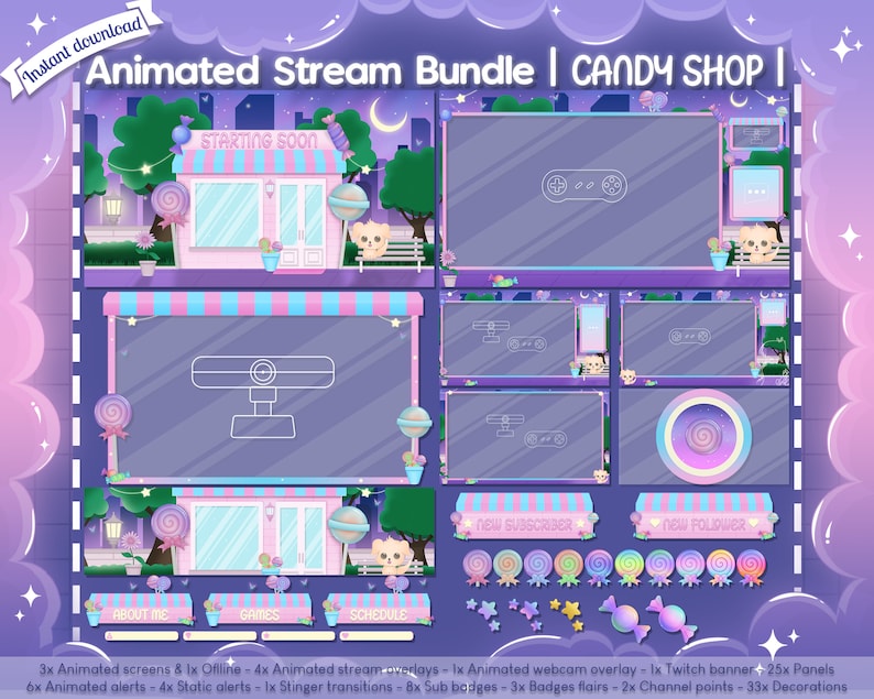 Animated "candy Shop" Stream Package - Cozy Stream Overlay Layout With ...