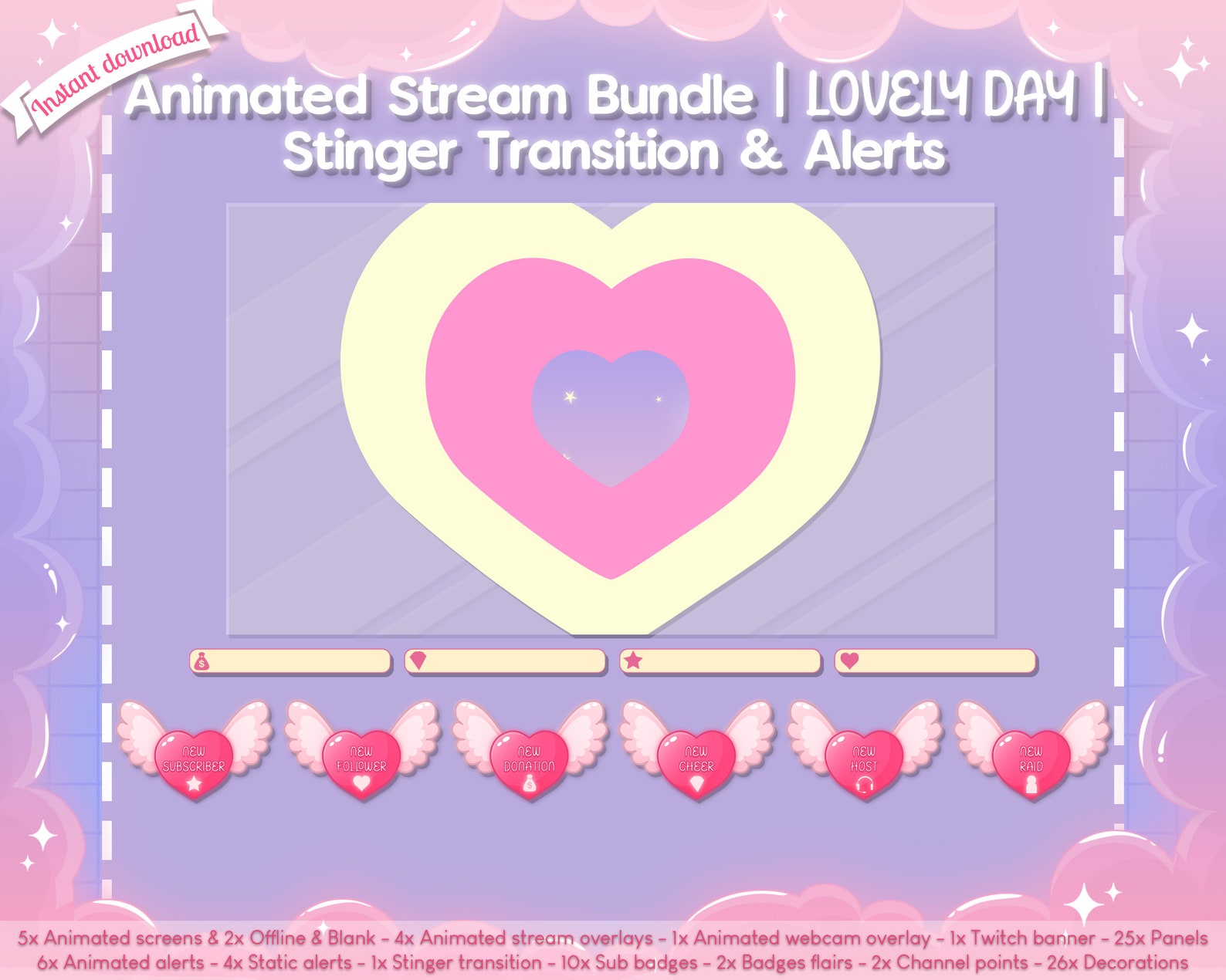 Animated "lovely Day" Stream Package - Pink Twitch Overlay Pack ...