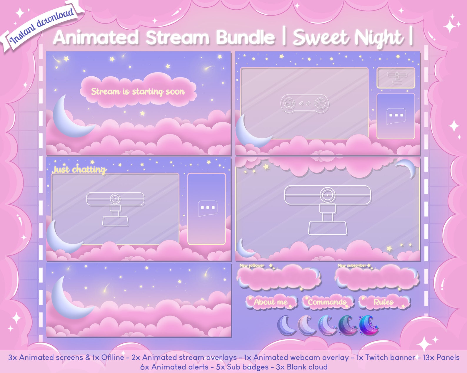 Animated "sweet Night" Stream Package - Pink Overlays for Streamlabs ...